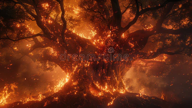A Large Tree is Engulfed in Flames Stock Illustration - Illustration of ...