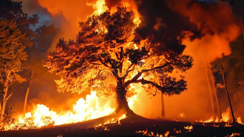 A Large Tree is Engulfed by Flames in a Forest Stock Footage - Video of ...