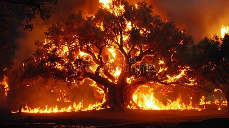 A Large Tree is Engulfed by Flames in the Middle of a Forest Stock ...