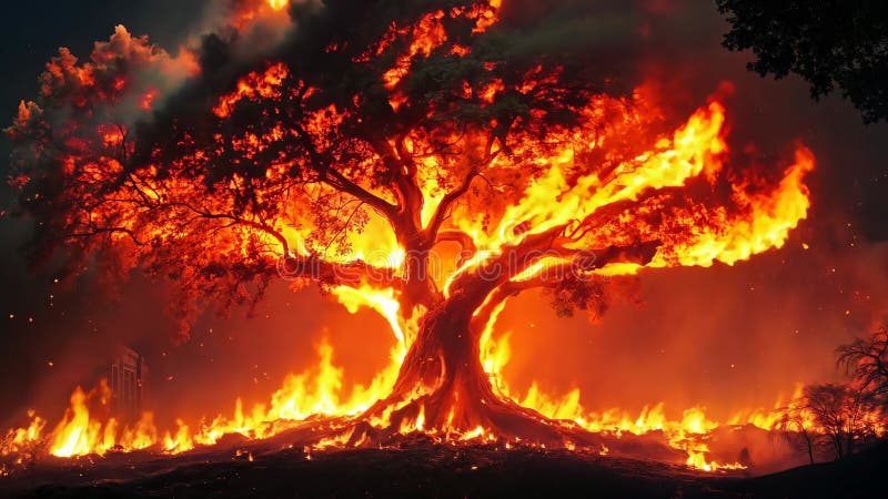 A Large Tree is Engulfed by Flames in the Night Sky Stock Video - Video ...