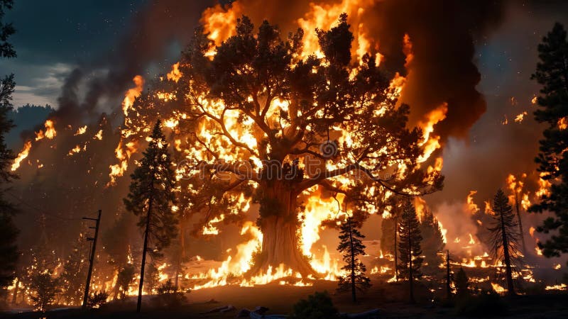 A Large Tree is Engulfed by Flames in the Middle of a Forest Stock ...