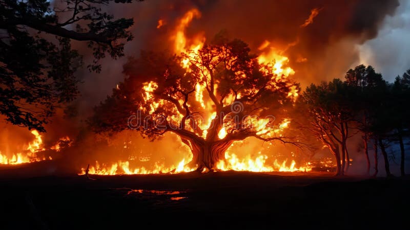 A Large Tree is Engulfed by Flames in the Middle of a Forest Stock ...