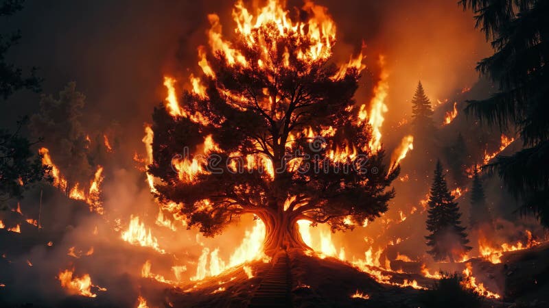 A Large Tree in the Middle of a Forest on Fire Stock Video - Video of ...