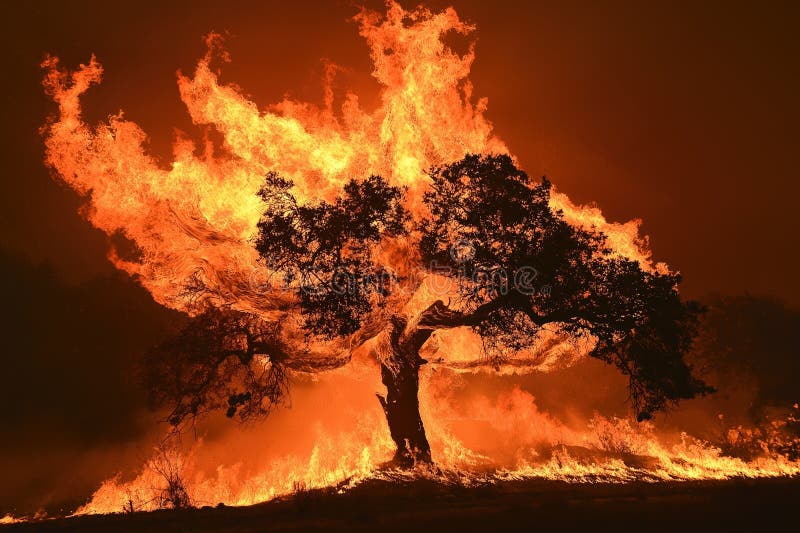 A Large Tree Engulfed in Flames during a Wildfire at Night, Showcasing ...
