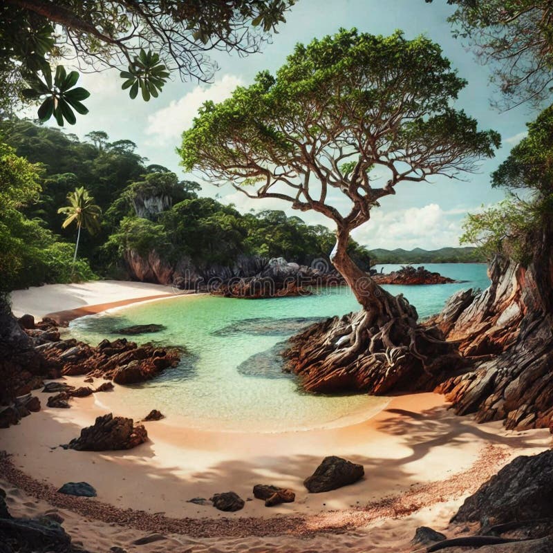 A Large Tree with Exposed Roots Grows on a Rocky Beach with Crystal ...