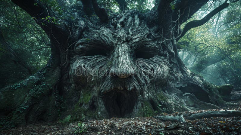 A Large Tree with a Face Carved into it S Trunk, AI Stock Image - Image ...