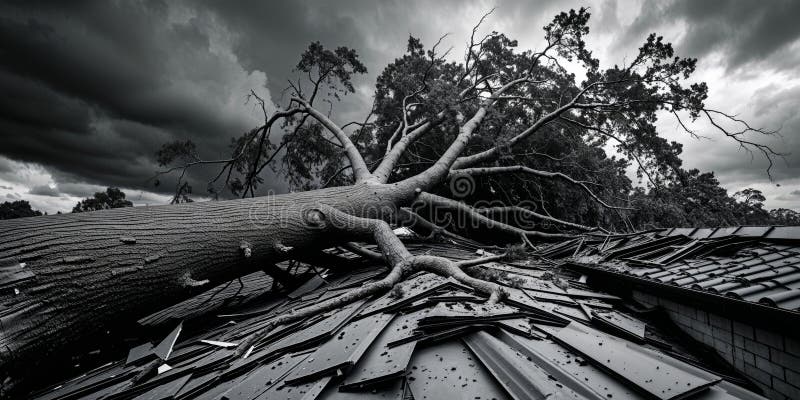 Large Tree Fallen Onto Damaged Roof after Storm Stock Photo - Image of ...