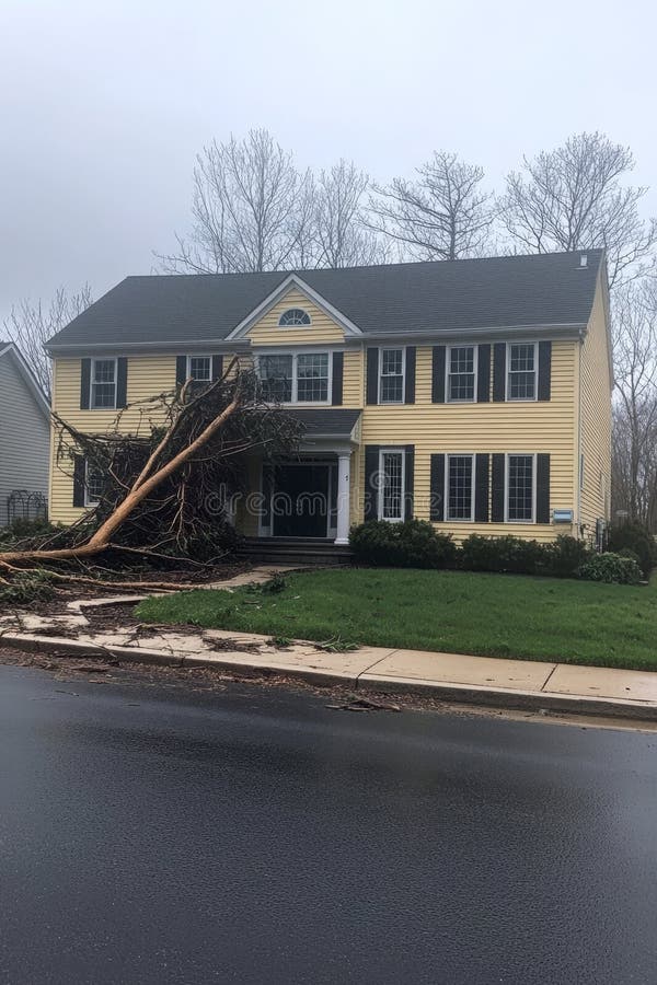 Large Tree Fallen Onto Suburban Home after Storm, Uprooted Trunk and ...