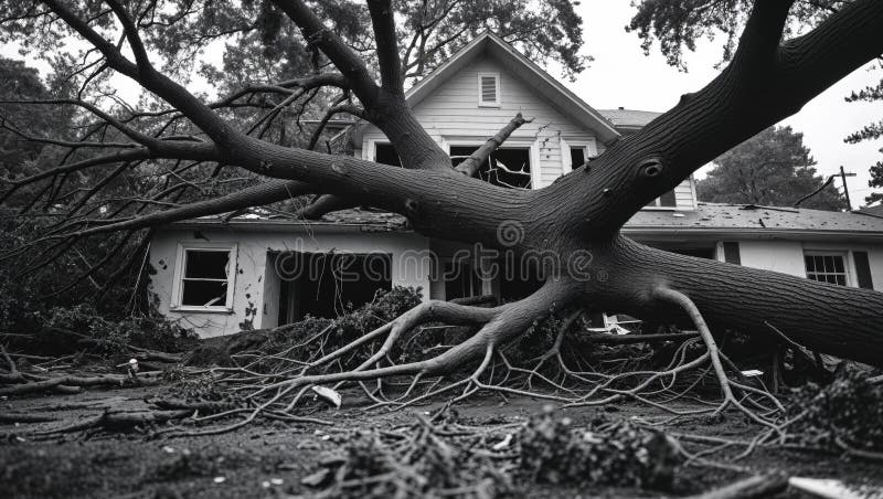 Large Tree Fallen on a Residential House after Storm Stock Image ...