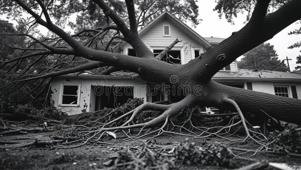 Large Tree Fallen on a Residential House after Storm Stock Image ...