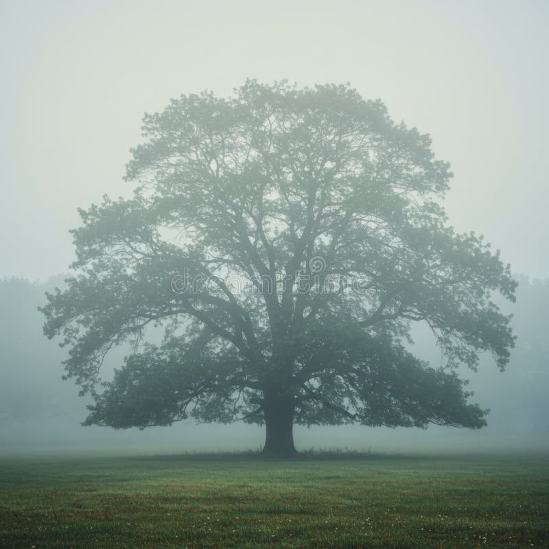 Large Tree in Foggy Field stock illustration. Illustration of dreamlike ...