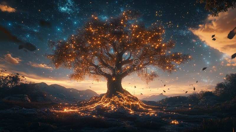 A Large Tree with Glowing Leaves, Surrounded by a Starry Sky. the ...