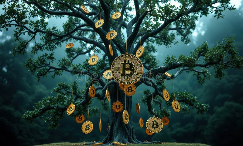Large Tree with Golden Bitcoin Coins Hanging from Its Branches ...