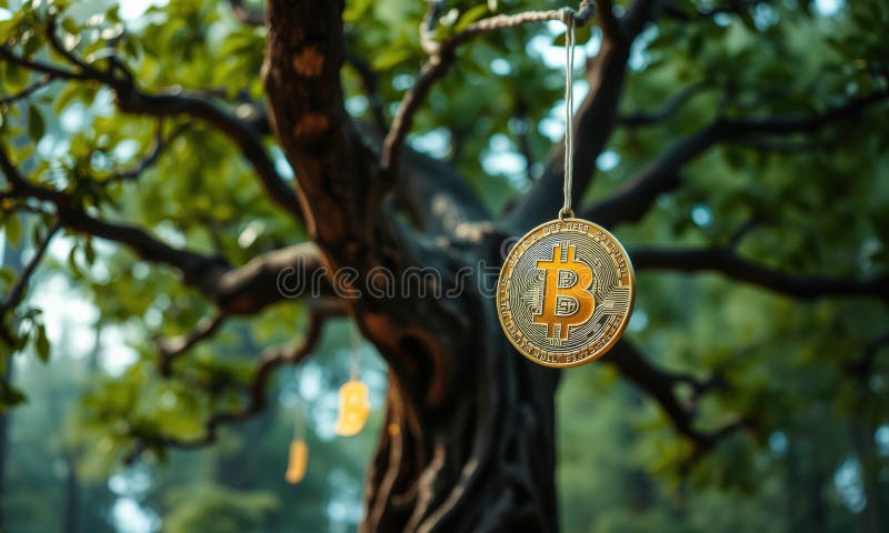 Large Tree with Golden Bitcoin Coins Hanging from Its Branches Stock ...
