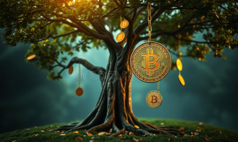 Large Tree with Golden Bitcoin Coins Hanging from Its Branches Stock ...