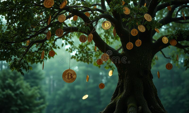 Large Tree with Golden Coins Hanging from Its Branches, Symbolizing ...