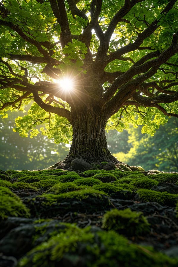 A Large Tree with Green Leaves and Sun Shining through Stock Photo ...