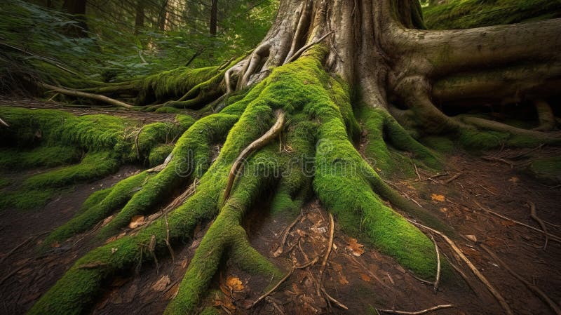 A Large Tree with Green Moss Growing on it S Roots Stock Illustration ...