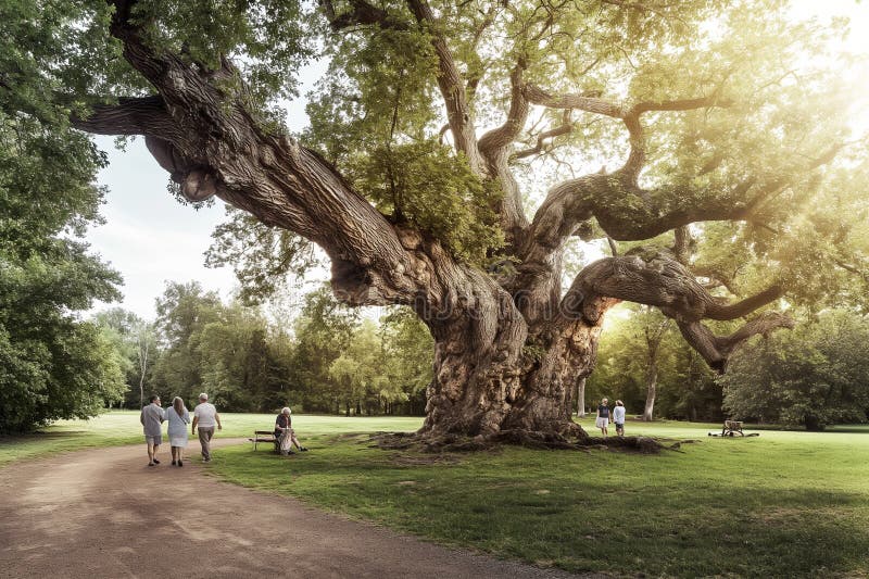 A Large Tree with a Group of People Walking Around it Stock ...