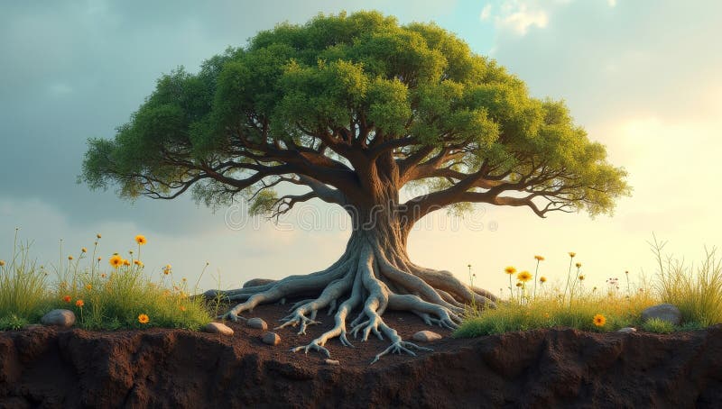 Large Tree Growing on a Cliff with Visible Roots at Sunset Stock Image ...