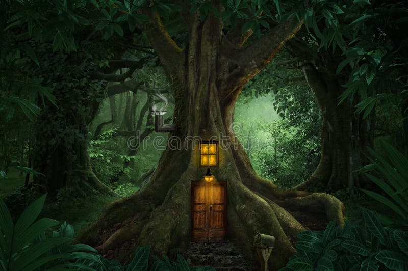 Large Tree with a Home Inside Stock Photo - Image of fantasy, starry ...