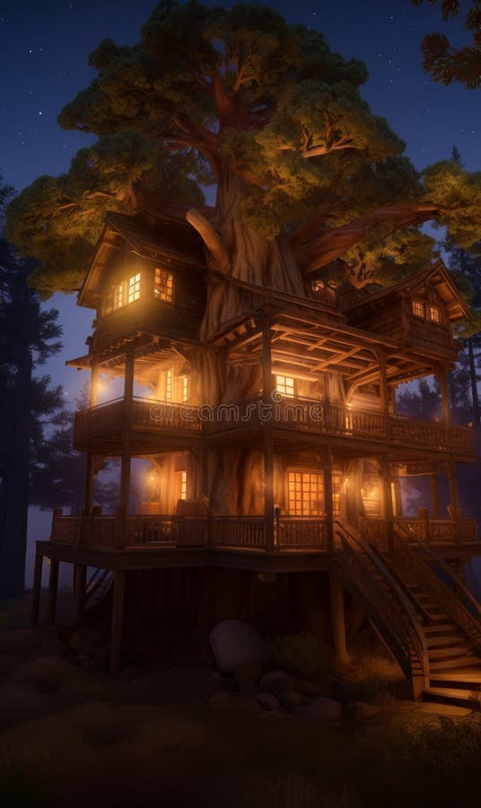 Large Tree House in the Forest at Night. 3D Illustration Stock ...