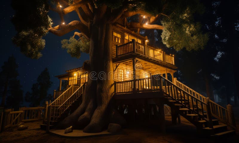 Large Tree House with Lights on Inside Stock Image - Image of grass ...