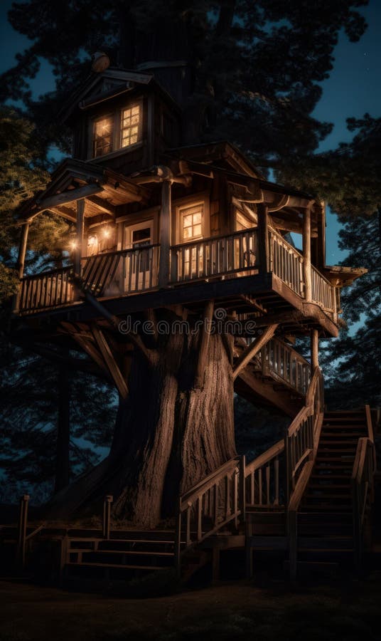 Large Tree House with Lights on Inside Stock Image - Image of style ...