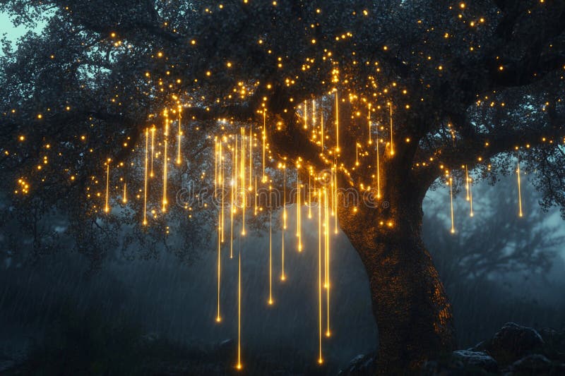 Magical Glowing Tree with Hanging Lights in a Serene Nighttime ...