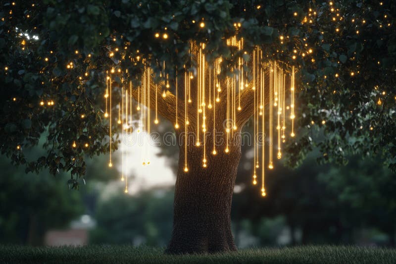 Magical Glowing Tree with Hanging Lights in a Serene Nighttime ...
