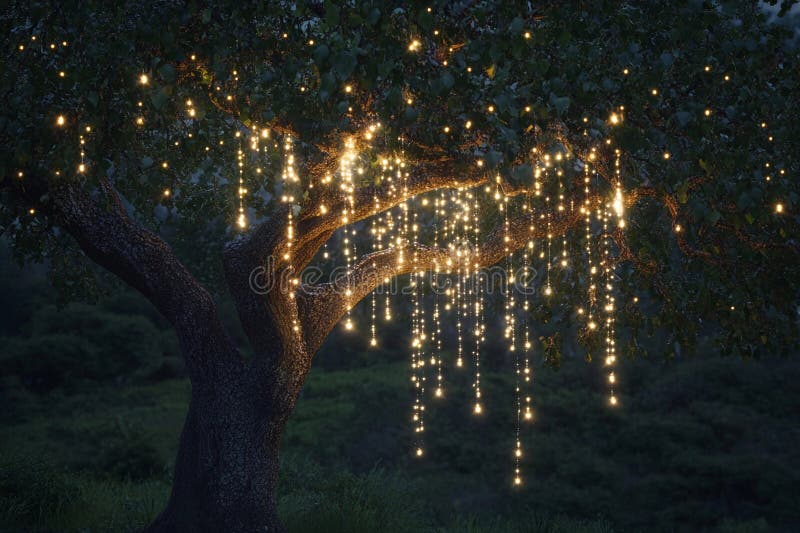 Magical Glowing Tree with Hanging Lights in a Serene Nighttime ...