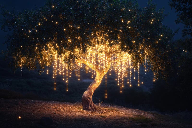 Magical Glowing Tree with Hanging Lights in a Serene Nighttime ...
