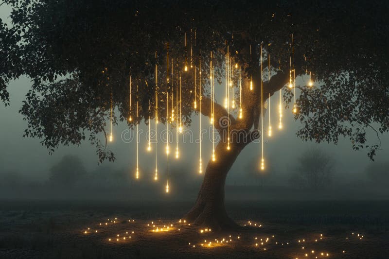 Magical Glowing Tree with Hanging Lights in a Serene Nighttime ...