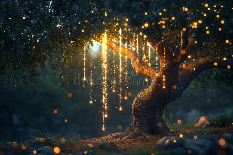 Magical Glowing Tree with Hanging Lights in a Serene Nighttime ...