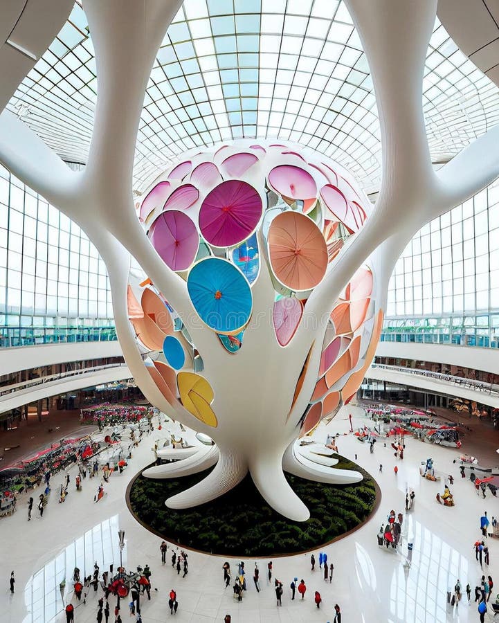 A Large Tree Inside a Building with a Large Dome and a Glass Ceiling ...