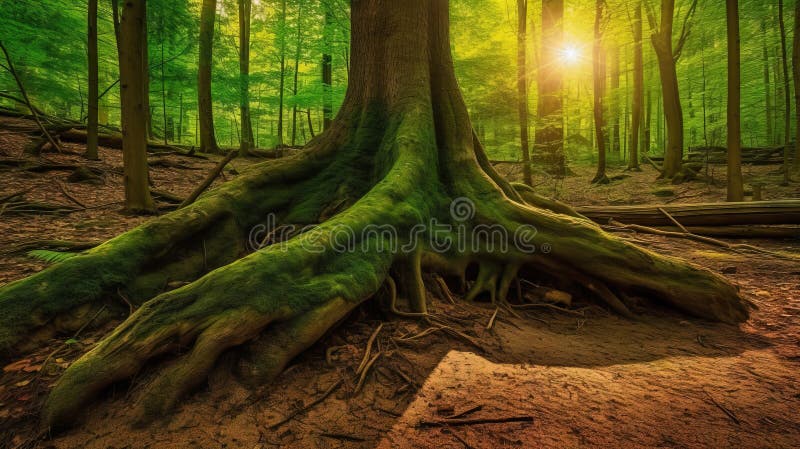 A Large Tree with Its Roots Exposed in a Forest with the Sun Shining ...