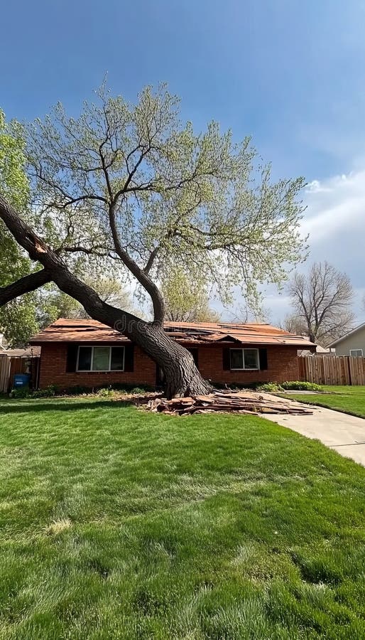 Large Tree Leaning on House, Storm Damage. Aftermath of Natural ...