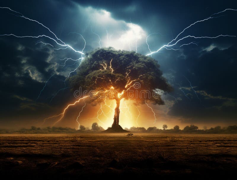 A Large Tree with Lightning Stock Illustration - Illustration of tree ...