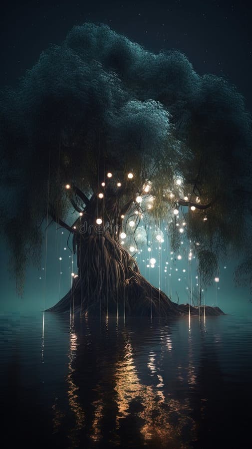 A Large Tree with Lights on it in the Water at Night Stock Illustration ...
