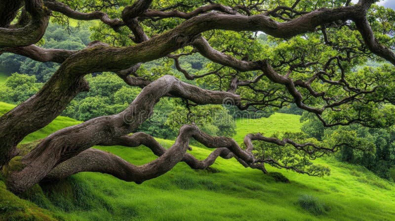 A Large Tree with Many Branches on a Lush Green Hillside, AI Stock ...