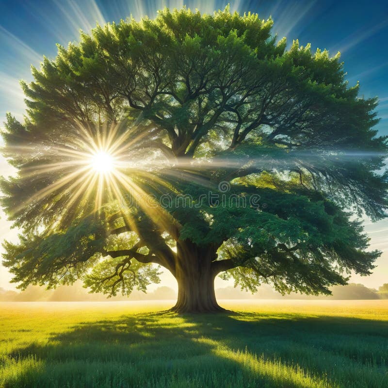 Large Tree in the Middle of Field with the Sun Shining through the ...