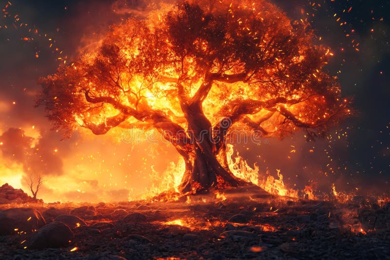 A Large Tree in the Middle of a Forest on Fire Stock Image - Image of ...