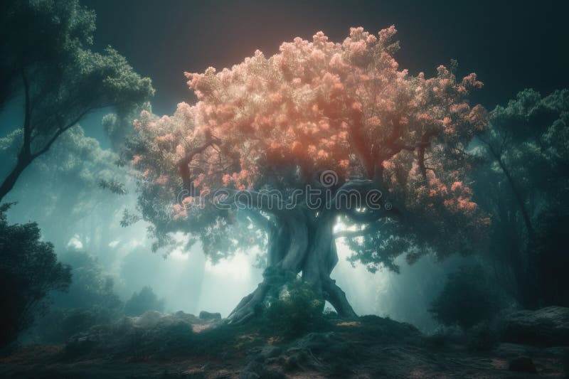 A Large Tree in the Middle of a Forest Filled with Trees Stock ...