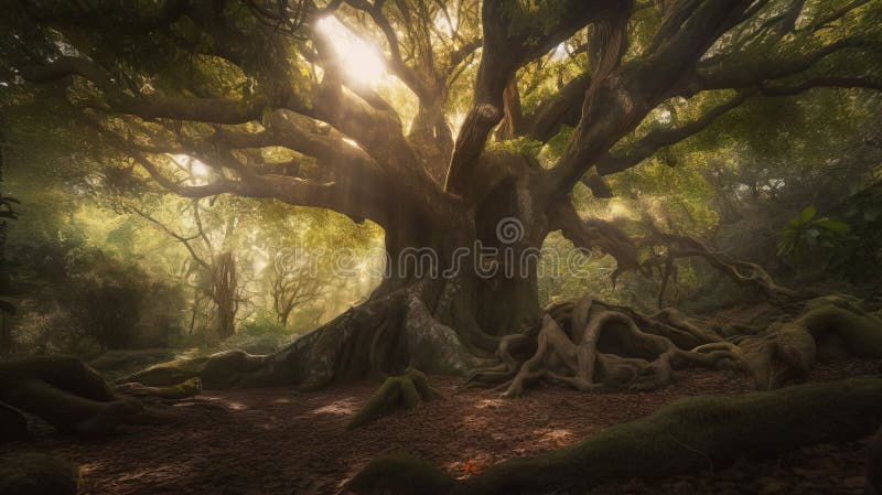 A Large Tree in the Middle of a Forest Filled with Trees Stock ...