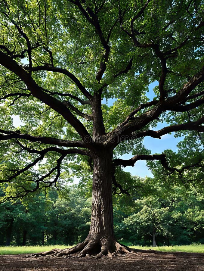 A Large Tree in the Middle of a Grassy Field Stock Photo - Image of ...