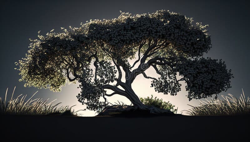 A Large Tree in the Middle of a Grassy Field at Night. Stock ...