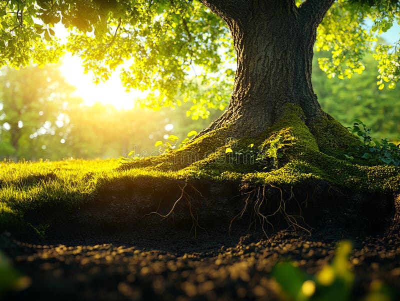 A Large Tree with a Moss Covered Trunk in the Middle of a Field Stock ...