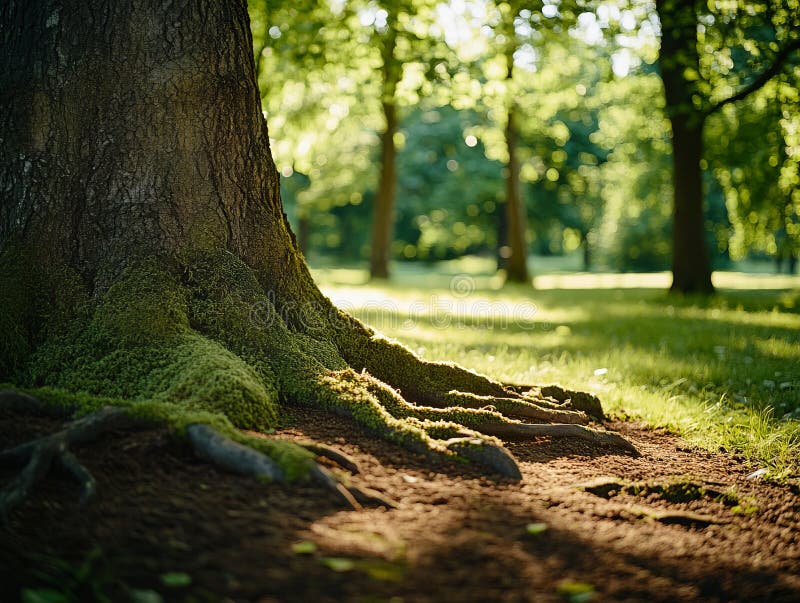 A Large Tree with Moss Growing on the Ground in a Park Stock Photo ...