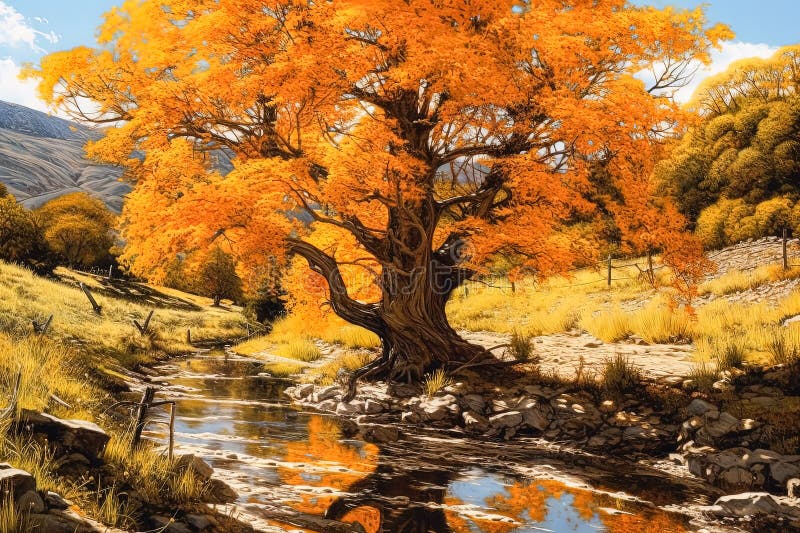 A Large Tree with Orange Leaves is Reflected in the Water. Stock Photo ...