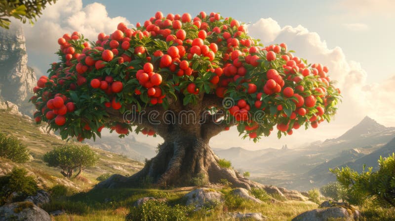 A Large Tree with Red Fruit Growing on it in a Field, AI Stock Photo ...
